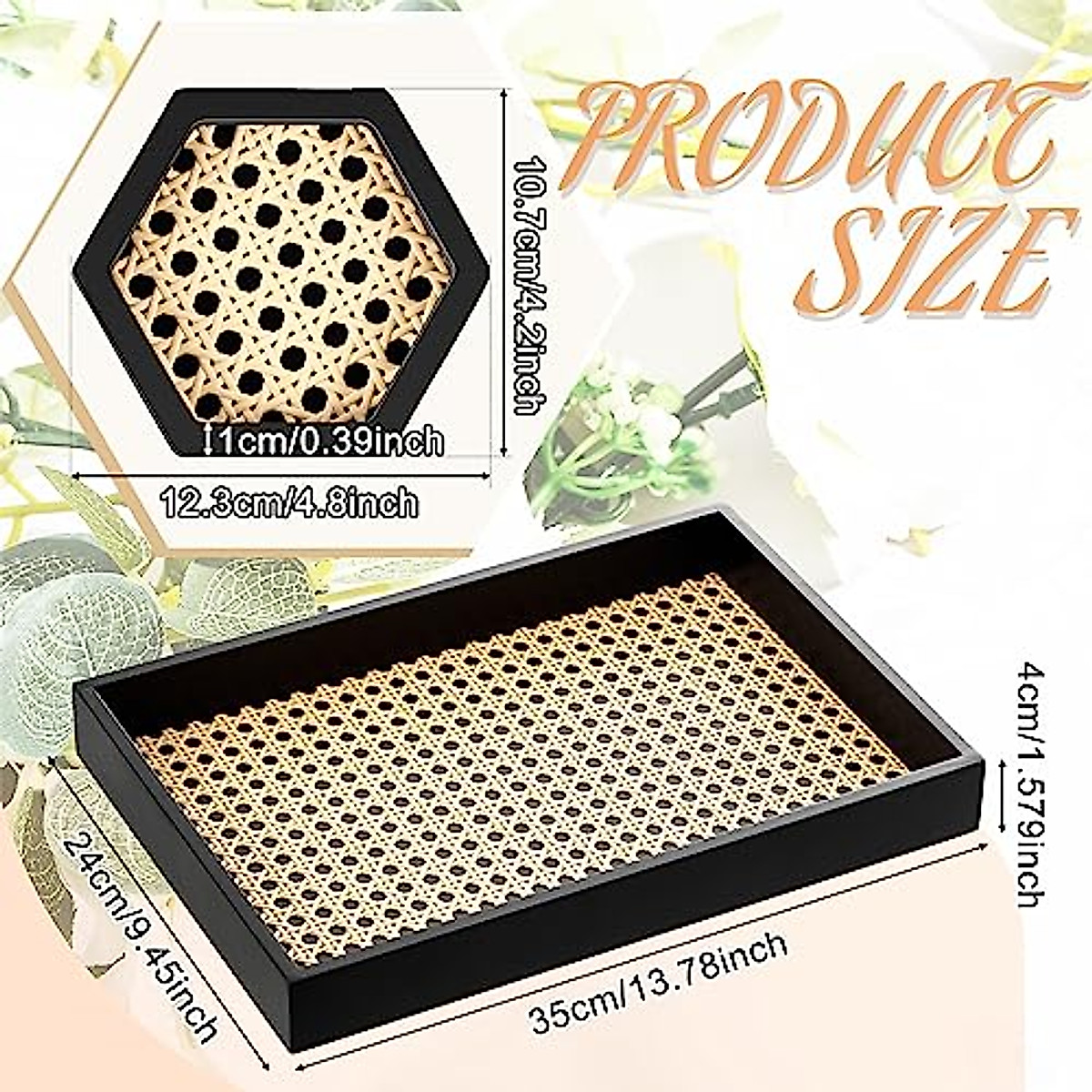 Rectangle Rattan Hometray Serving Tray with 4 Pcs Hexagon Rattan Black Coasters Ottoman Food Tray Rattan Decorate Basket Tray with Wooden Frame for Coffee Breakfast Drink Jewelry Accessory Square Tray