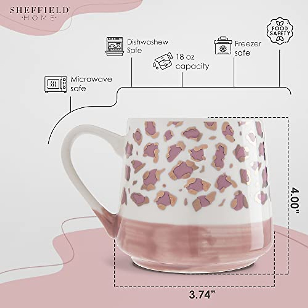 SHEFFIELD HOME Stoneware Coffee Mugs- Stylish and Trendy Leopard Printed Coffee Cups, Mugs for Tea, Latte Mug, and Hot Chocolate, 18 oz, (Pink Leopard)