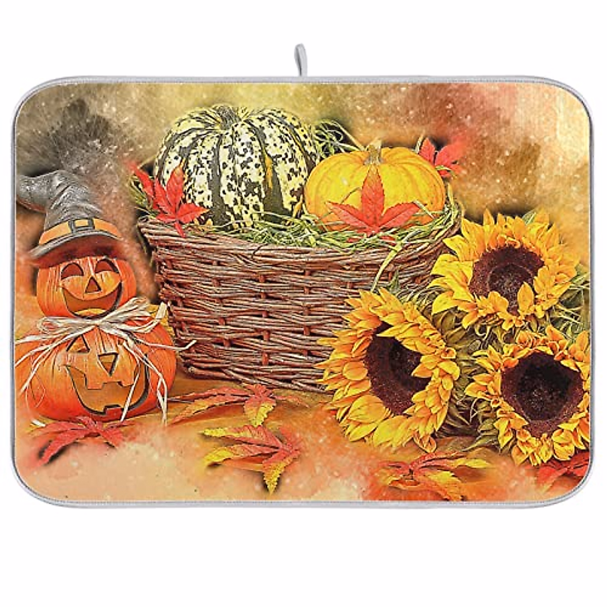 Absorbent Dish Drying Mat for Kitchen Counter - Pumpkin Sunflower Autumn Microfiber Drying Pad, Reversible Drainer Mats for Countertop, Small 16" x 18" inch