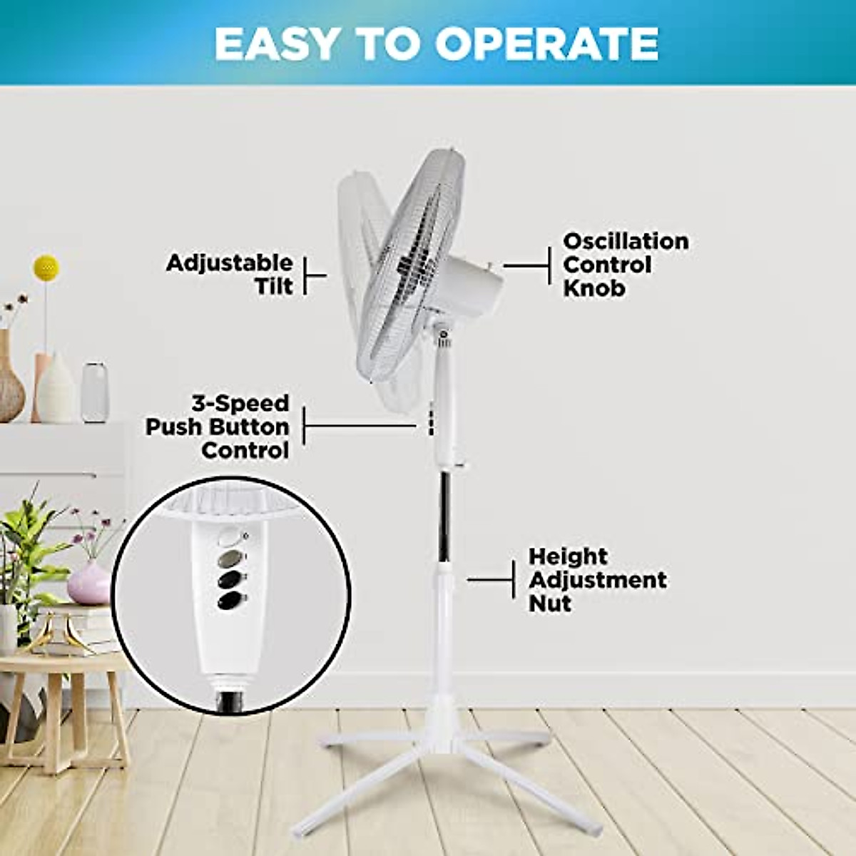 Comfort Zone CZST185WT 18" 3-Speed Oscillating Pedestal Fan with Adjustable Height and Tilt, 90-Degree Oscillation and Quad-Pod Folding Base, White