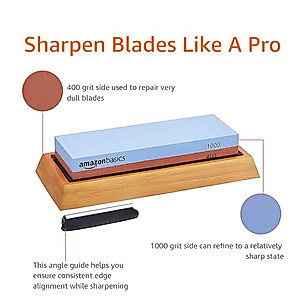 Amazon Basics Whetstone Knife Sharpening Wet Stone Dual Sided 400/1000 Grit with Non-Slip 1 Pc, Bamboo Base, Black & Grey