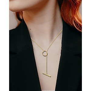 Lynwei Gold Lariat Necklace 18K Gold Plated Y Necklace Gold for Women Circle Bar Necklace Trendy Hypoallergenic Jewelry Christmas Gift
