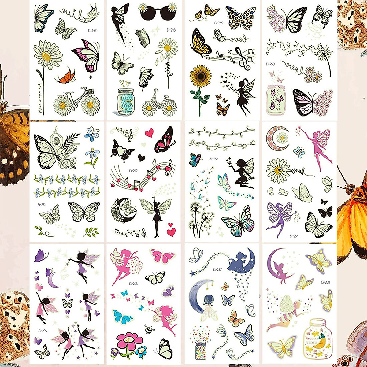 Ooopsiun Luminous Butterfly Temporary Tattoos for Girls - 12 Sheets Glow in The Dark Butterfly Stickers Party Favors Decorations for Kids Girls