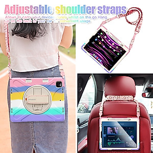 BRAECNstock Kids Case for Apple iPad Air 13 inch (M3/ M2)/ Pro 12.9 inch 6th/5th/4th/3rd Geneation, Shockproof Protective Case with Pencil Holder, [360° Rotating Hand Strap + Stand], Colorful Pink