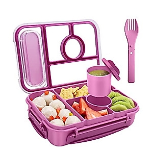 Amathley Bento Lunch box for kids, Adults/Kids/Toddler,5 Compartments with Sauce Vontainers,Microwave & Dishwasher & Freezer Safe, BPA Free(Purple)