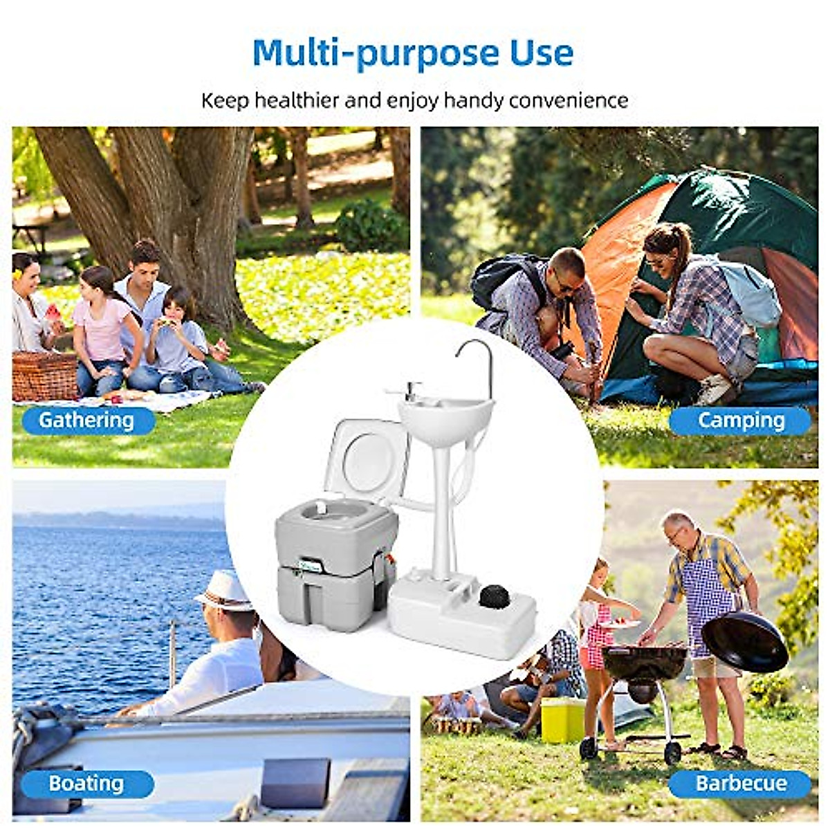 YITAHOME Portable Sink and Toilet, 17 L Hand Washing Station & 5.3 Gallon Flush Potty,for Outdoor,Camping, RV, Boat, Camper, Travel,Grey white