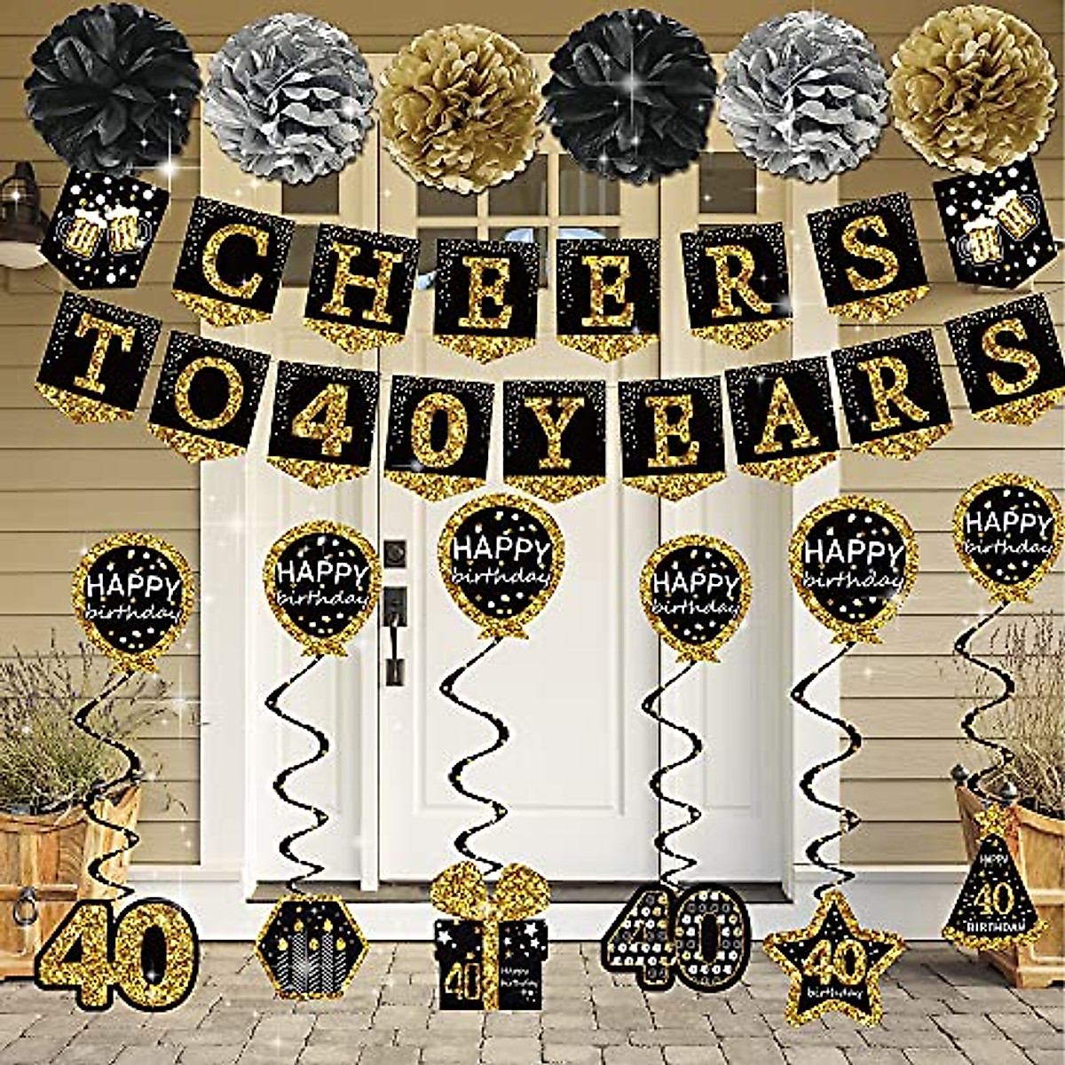 40th birthday decorations for men - (21pack) cheers to 40 years black gold glitter banner for women, 6 paper Poms, 6 Hanging Swirl, 7 decorations stickers. 40 Years Old Party Supplies gifts for men