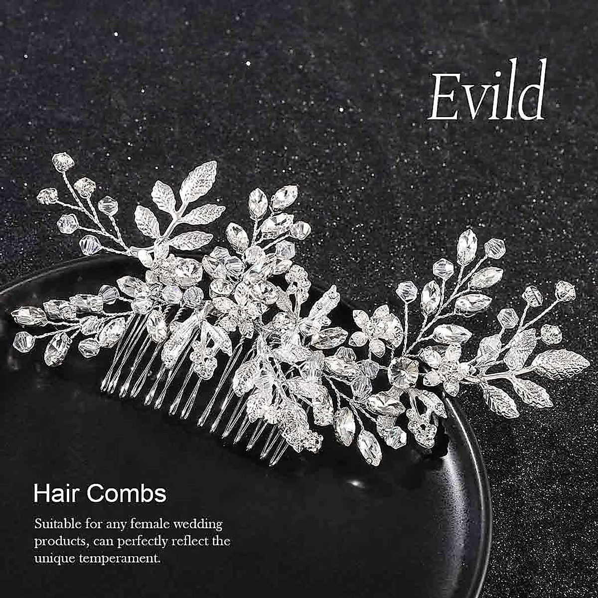 Evild Rhinestone Wedding Hair Comb Leaf Bead Headpieces Clip Crystal Bridal Headdress Flower Accessories for Brides and Bridesmaids (Silver)