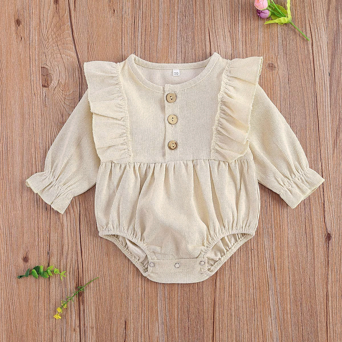Sasaerucure Infant Baby Girl Clothes Solid Ruffle Long Sleeve Romper Bodysuit Tops One Piece Jumpsuit Fall Winter Outfit (Apricot, 0-3 Months)