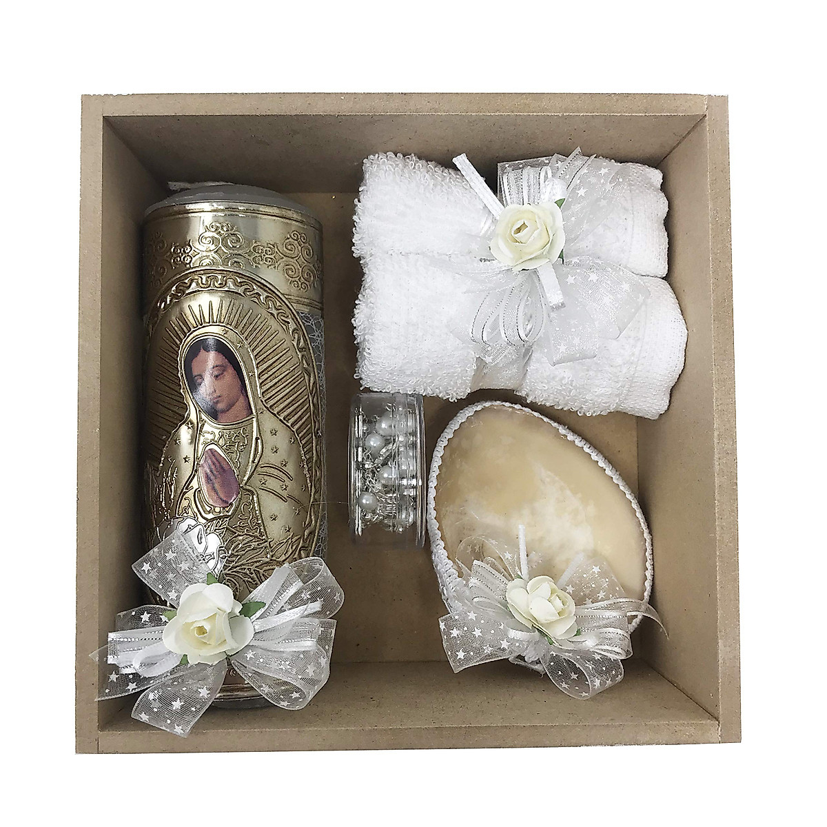 Baptism Candle Set in a Wooden Box with Towel, Catholic Baptism Kit,Candle, Rosary and Shell for Baby Boys and Girls. Handmade in Mexico Gift for Godparents. Holy Spirit Baptism Kit Kit de Bautizo.