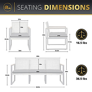 Kinger Home Keaton 4-Piece Outdoor Rattan Furniture Set with Teakwood Accents, Sofa, 2 Armchairs, Glass Coffee Table