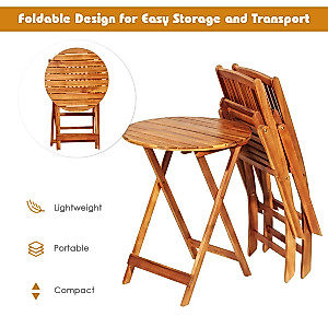 S AFSTAR Outdoor Bistro Table and Chairs Set of 2, Acacia Wood Folding Bistro Table Chairs Set W/Round Coffee Table & Padded Cushion, Small Bistro Table Set for 2 Outdoor Porch Patio Poolside (Navy)