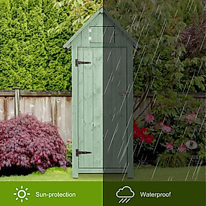 Shed Outdoor Storage Cabinet, Wood Garden Sheds with Floor, Outside Tool Outhouse Organizer with Waterproof Roof, Shelves and Lockable Door for Patio Hallway and Backyard (Green)