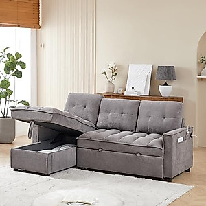 Chenille Convertible Sleeper Sectional Sofa with Reversible Storage Chaise and Pull Out Couch Bed , L Shaped Corner Sofabed with USB and tape-c Charging Ports for Living Room Office Small Places