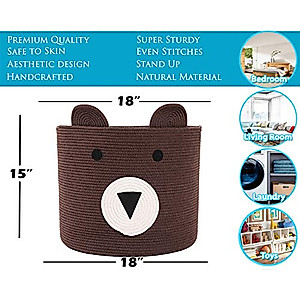 Bear Basket, Animal Basket, Large Cotton Rope Basket, Large Storage Basket, Woven Laundry Hamper, Toy Storage Bin, for Kids Toys Clothes in Bedroom, Baby Nursery, Dark Brown 18"x15"