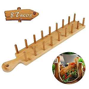 Taco Holder Stand, Wooden Taco Plates Tray Rack Holds 8 Soft or Hard Shell, Taco Bar Serving Set for a Party, Tortillas, Burritos, Home, Parties