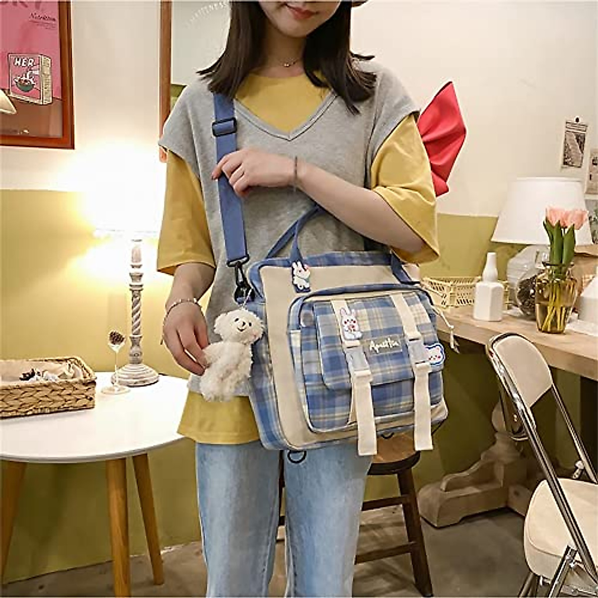 Tonecy Kawaii Bear Backpack for School, Japanese Aesthetic Backpacks for Teenager Girls, Back to School Handbag Backpack (Blue,with 3 Pins,1 Bear Pendant)