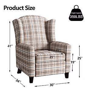 INZOY Push Back Recliner Chair, Pushback Reclining Chair with Padded Seat, Fabric Wingback Recliner for Living Room Home Theater, Plain Plaid