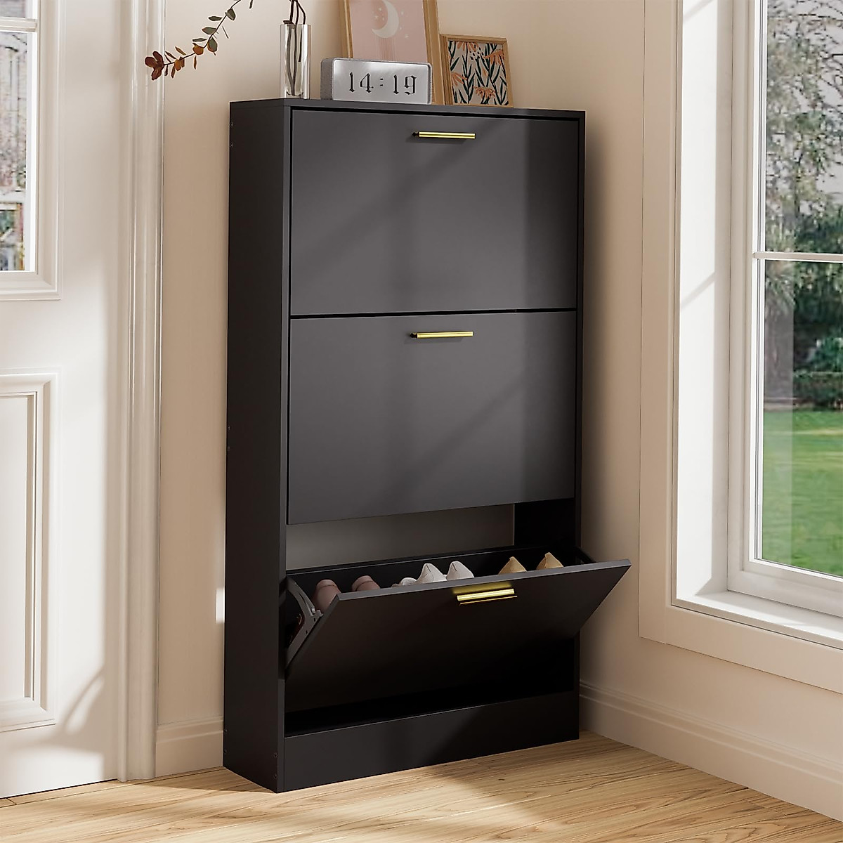 LYNSOM Shoe Cabinet, Free Standing Tipping Bucket Shoe Rack Organizer with 3 Flip Drawers, Modern Entryway Shoe Storage with Top Display, Narrow Slim Hidden Shoe Cabinet (Black)