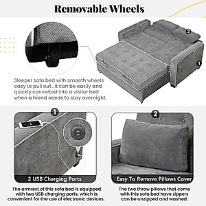 P PURLOVE Upholstered Modern Sofa Bed with Armrest, Convertible Sofa Couch with Adjustable Backrest and Dual USB Charging Port, Sleeper Bed for Living Room, Bedroom, Office, Charcoal Gray
