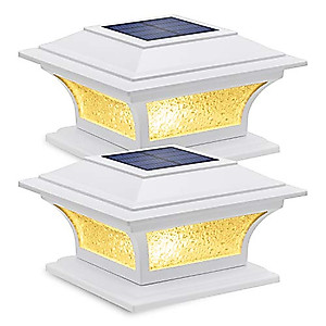 SIEDiNLAR Solar Post Lights Outdoor Glass LED Fence Cap Light 2 Modes for 4x4 5x5 6x6 Posts Patio Deck Garden Decoration Warm White/Cool White Lighting White (2 Pack)