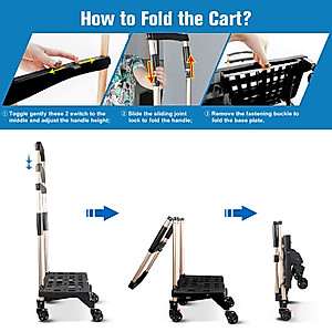 Folding Hand Truck Portable Dolly Utility Cart Rolling Crate with 4 Rotate Double Wheels 80KG/176Lbs Heavy Duty Adjustable Handle for Moving Shopping Grocery Travel Office Use(Black Swivel Wheel)