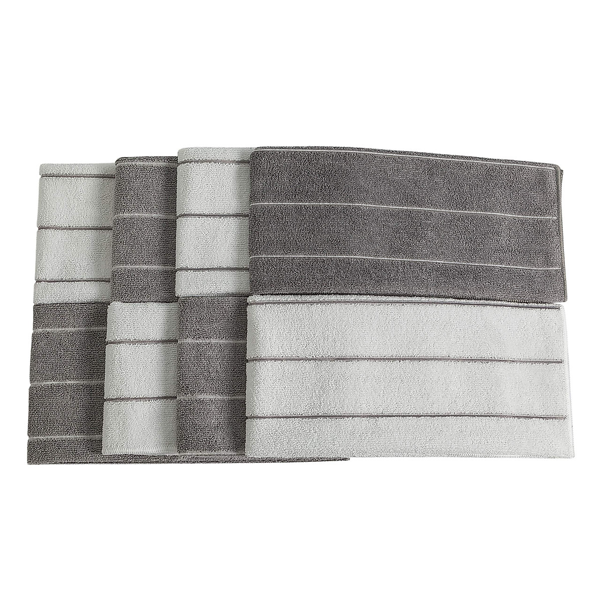 Microfiber Kitchen Towels - Super Absorbent, Soft and Solid Color Dish Towels, 8 Pack (Stripe Designed Grey and White Colors), 26 x 18 Inch