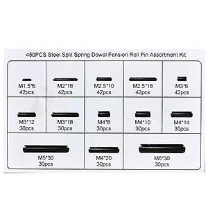 Gransuncy 450Pcs Roll Pin Assortment Set, Metric Roll Pins, Slotted Spring Pins M1.5 M2 M2.5 M3 M4 M5 M6 Slotted Metric Spring Pins Hardware Assortment Kit