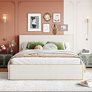 HBRR Queen Bed Frame with 4 Drawers, Upholstered Platform Queen Size Bed with Headboard Footboard, Wooden Slats Support, No Box Spring Needed, Easy Assembly, White