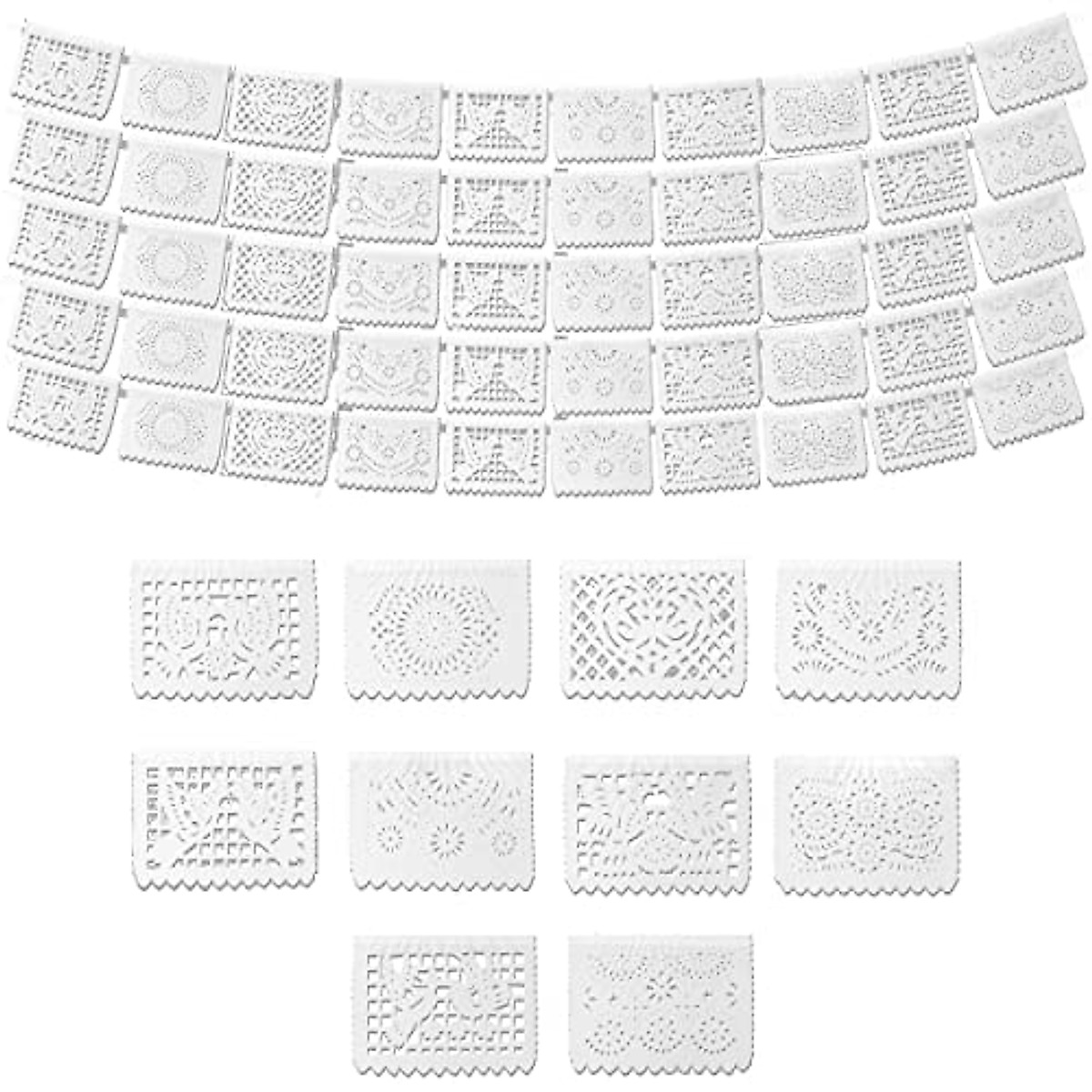 White Papel Picado Banner (5 Pack - 10 TISSUE PAPER Flag Designs per Banner / Not Plastic) - White Mexican Banners for Parties and Weddings - Mexican Themed Party Decorations - Papel Picado Mexicano para Decoraciones Mexicanas (Paper)