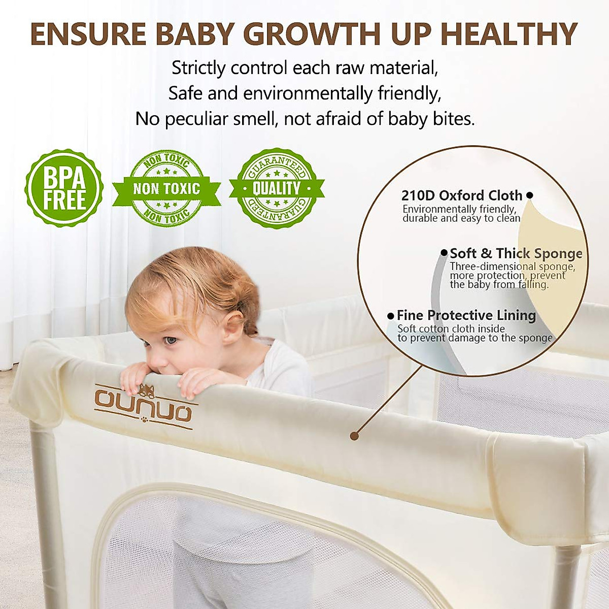 OUNUO Baby Playpen, 35x35" Play Pens for Babies and Toddlers Small Play Yard, Sturdy Safety Baby Fence Play Area for Limited Space, 360° Visible Playard with Gate and Anti-Slip Suckers - Beige