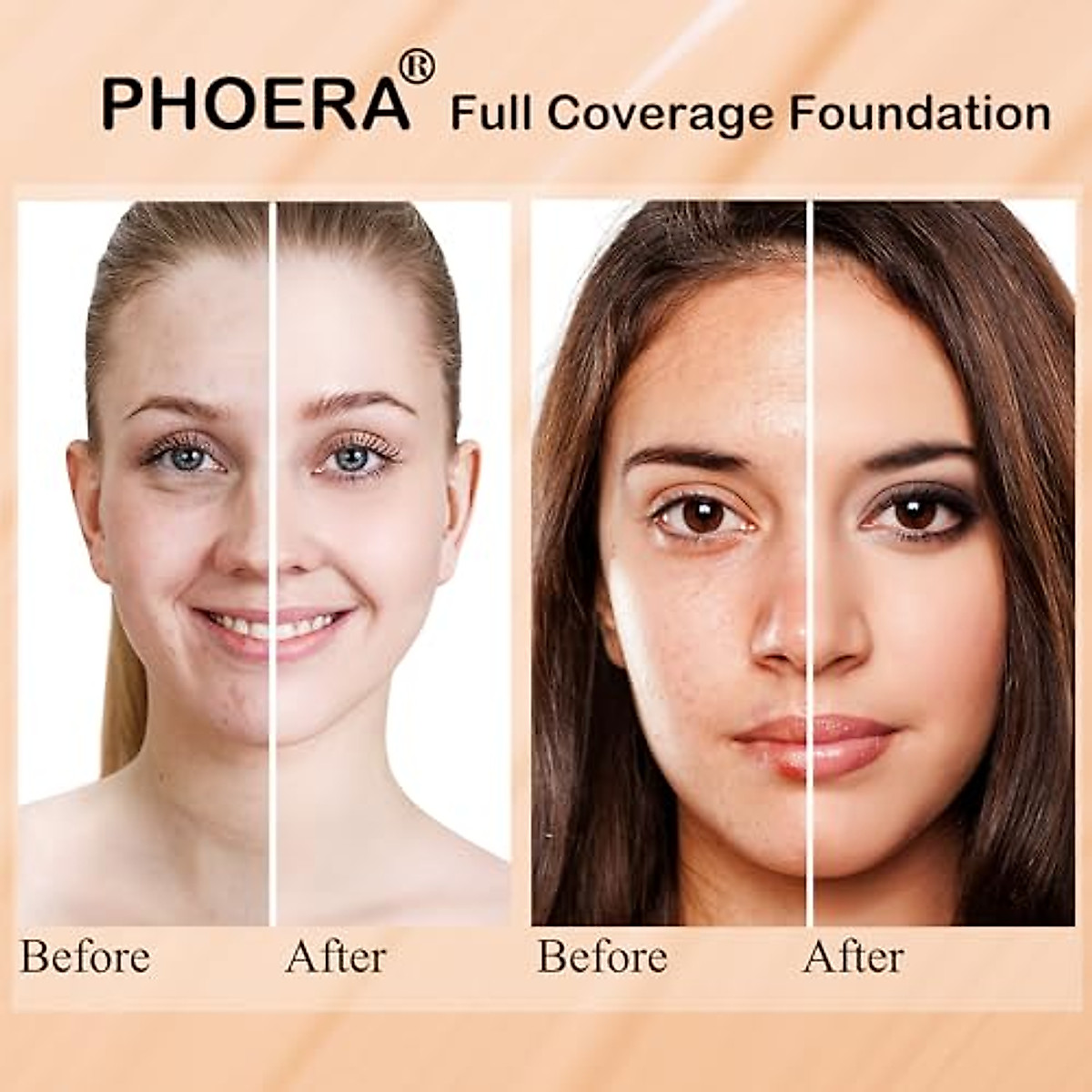 PHOERA Foundation 102 and 103 & Face Primer,Liquid Full Coverage Foundation Set,Foundation Brush Powder Brush,5 Makeup Sponge,30ml PHOERA 24HR Matte Oil Control Concealer (102 Nude + 103 Warm peach)