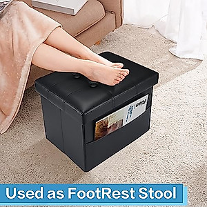 VewePata® Storage Ottoman Foot Rest Footstool with Side Pocket,17 Inch Leather Ottoman with Storage for Living Room or Dorm Storage,Folding Ottoman Padded with Thick Sponge,17X13X13in Black