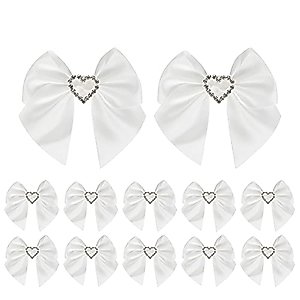 AIMUDI White Bows Satin Ribbon Rhinestone Bows 3" Premade Sparkle Bows with Gems Pre-Tied Craft Bows with Rhinestone Gift Bows for Wedding Sewing Crafts Gift Wrapping Baby Shower - 12 Counts