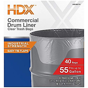 HDX 55 Gallon Clear Heavy-Duty Flap Tie Drum Liner Trash Bags (40-Count)