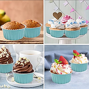 100Pcs Aluminum Cups with Lids,5oz Disposable Ramekin Baking Cups Muffin Liners Mini Pie Pans Foil Cupcake Containers for Christmas Party Wedding,Blue