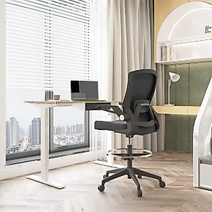 Amazon Basics Mid-back Mesh Office Drafting Chair Stool with Adjustable Footrest, Flip-Up Arms