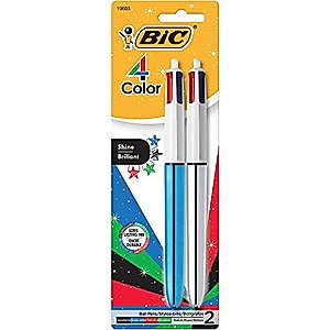 BIC 4-Color Shine Ball Pen, Medium Point (1.0 mm), Metallic Barrel, Assorted Inks, 2 Count