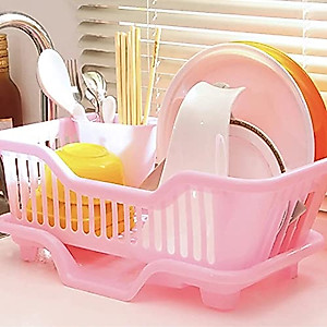 Environmental Plastic Kitchen Sink Dish Drainer Set Rack Washing Holder Basket Organizer Tray, Approx 17.5 x 9.5 x 7INCH (Pink)