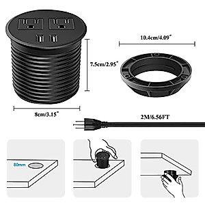 Desk Power Grommet, Haylink Desk Hole Cover Grommet 3.15 Inch(80mm) Recessed Power Outlet USB Grommet with 2 Flat Plugs, Connect 6.56ft Extension Cord,Black