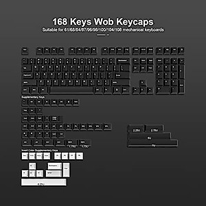 WOB Keycaps 168 Keys, Double Shot PBT Custom Keycap Set, Minimalist Style White on Black Cherry Profile Keyboard Keycaps for Cherry Gateron MX Switches Mechanical Keyboard