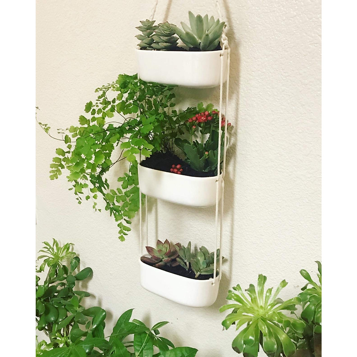 Mkono Hanging Planter Wall Planter for Indoor Plants, Flower Plant Ceramic Pots for Succulent Herb Air Plant Holder Faux Plants Vertical Garden, Home Office Decor 3 Tier, White (Plant Not Included)