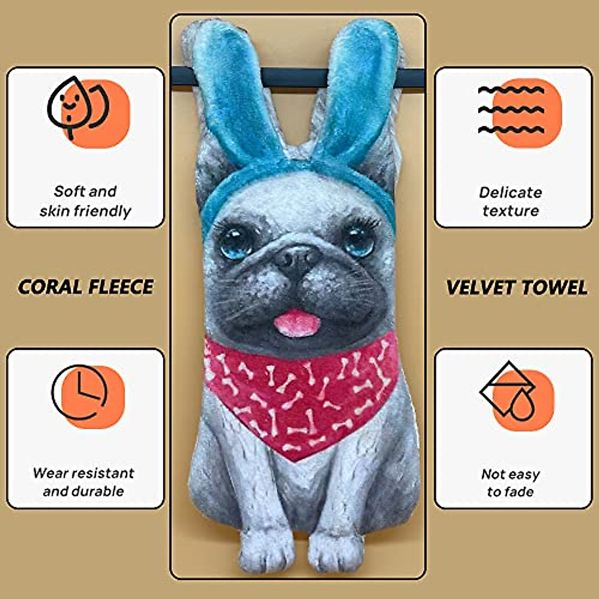 Cute Bulldog Kitchen Hand Towels: Decorative Rag with Hanging Loop for Bathroom Handkerchief Absorbent Washcloths Clearance Animal Shape Grey