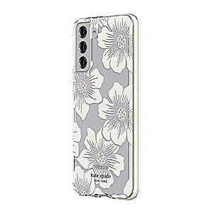 kate spade new york Defensive Hardshell Case Compatible with Samsung Galaxy S21+ 5G - Hollyhock Floral Clear/Cream with Stones/Cream Bumper
