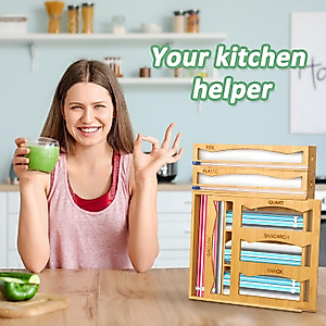 6 in 1 Plastic Bag Organizer with mag Foil and Saran Wrap Dispenser With Cutter For Kitchen Drawer- Bamboo Food Storage Organizer Perfect For Plastic Ziploc，Gallon，Quart Variety Size Bags & 12” Rolls