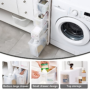 Narrow Tall Floor Cabinet for Bathroom, Vertical Storage Unit with 4 Clear Drawers and Casters, Slim Freestanding Narrow Dresser Tower Storage Drawer Cart, 14cm/22cm Width, Assembly Free