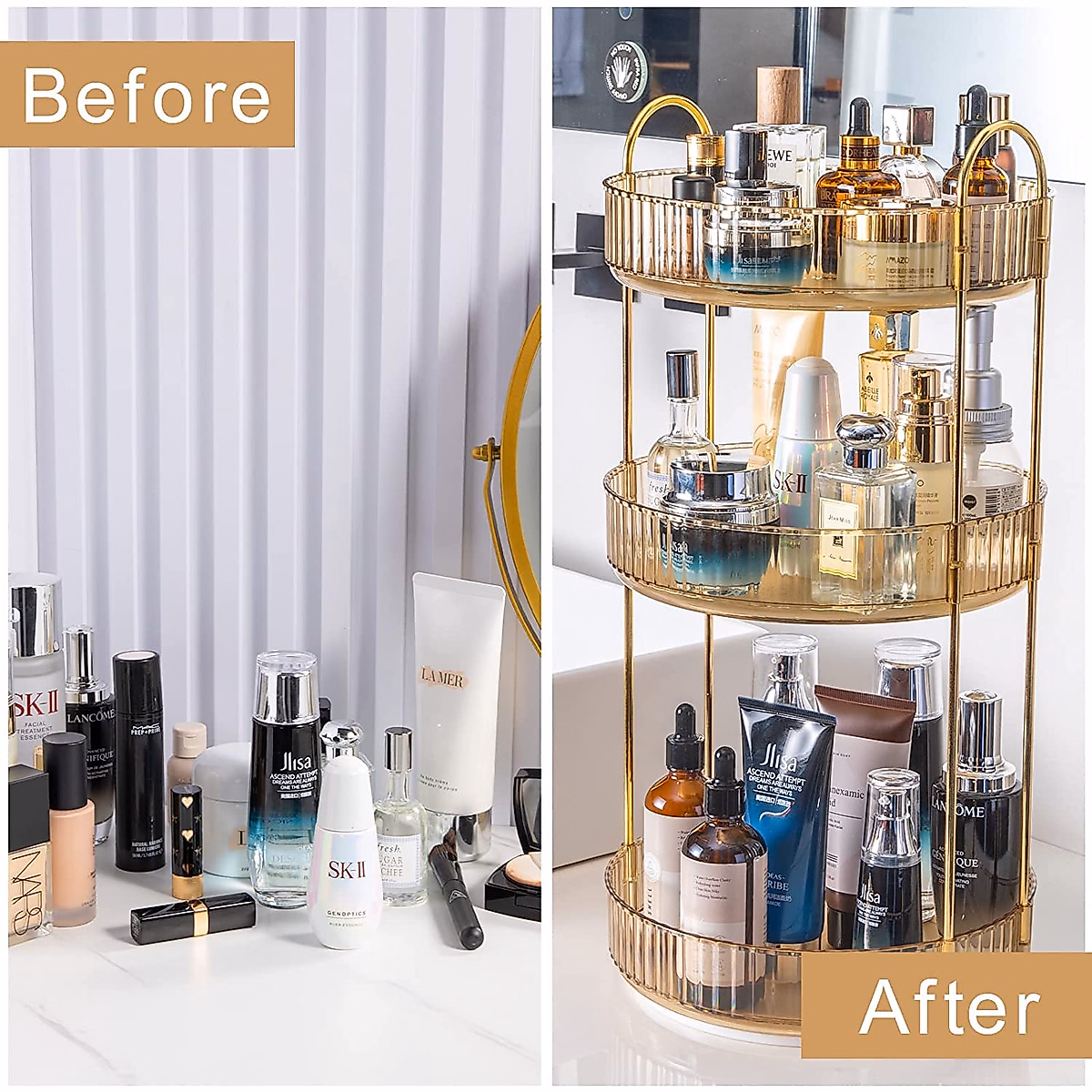 shuang qing Rotating Makeup Organizer for Vanity 3 Tier, High-Capacity Skincare Clear Make Up Storage Perfume Organizers Cosmetic Dresser Organizer Countertop 360 Spinning （Gold）