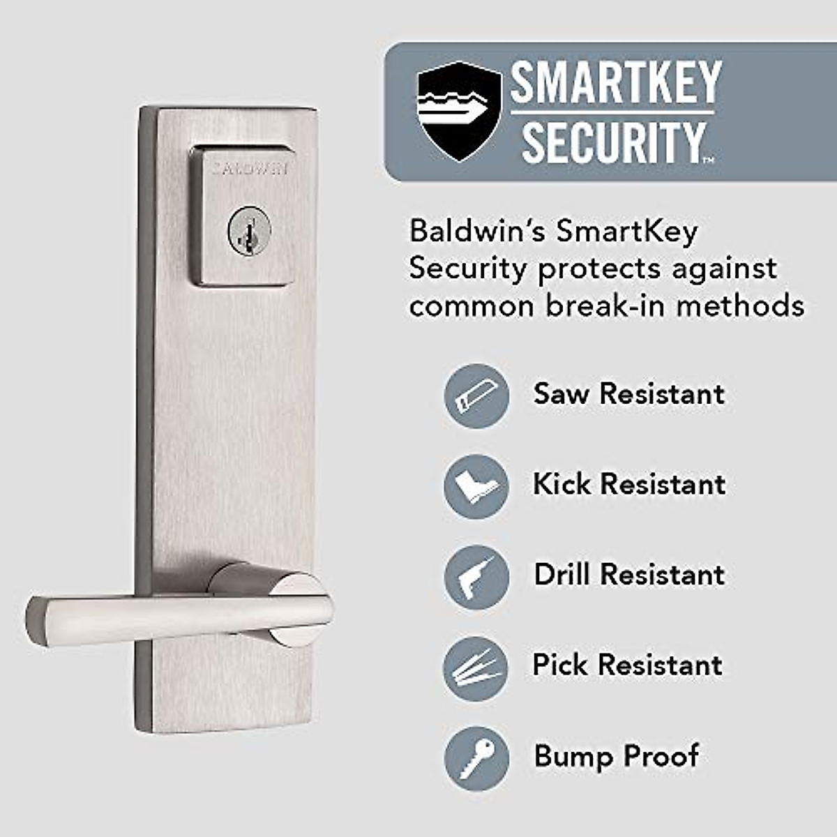 Baldwin Spyglass Single Cylinder Front Door Handleset Featuring SmartKey Security in Satin Nickel, Prestige Series with a Modern Contemporary Slim Door Handleset and Square Lever