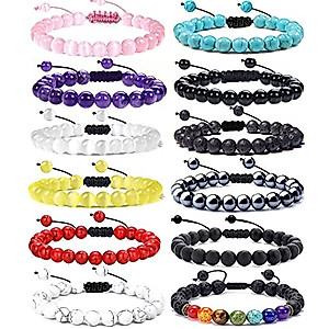 FINZOR 12Pcs 8mm Healing Stone Beads Bracelets for Women Men Semi-precious Gemstone Crystal Beaded Bracelets Lava Rock Tiger Eye Amethyst Chakra Bracelets Unisex Adjustable