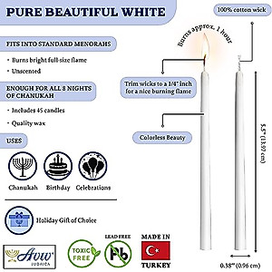 Dripless Hanukkah Candle Set of 45 Premium Solid White Thin Tapered Candles for Standard Chanukah Menorah, Birthday Party, Celebration Candles Enough for 8 Nights of Hanukah by Aviv Judaica